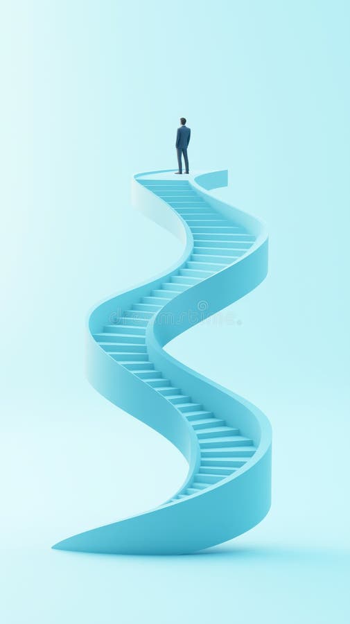 Man Stands on Blue Spiral Staircase, Symbolizing Progress and Ambition ...