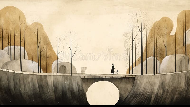 Surreal Cartoon Illustration of a Bridge and Tree in Midwater Stock ...