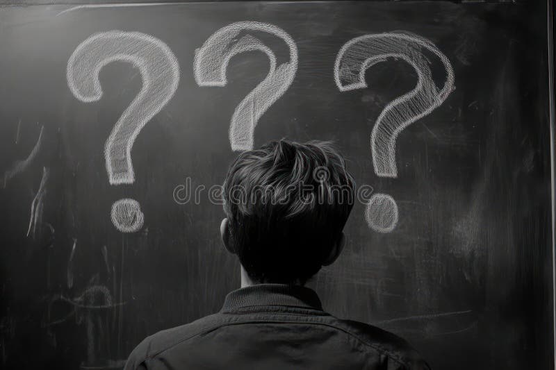 Confused Man Facing Chalkboard with Big Question Marks Stock Image ...