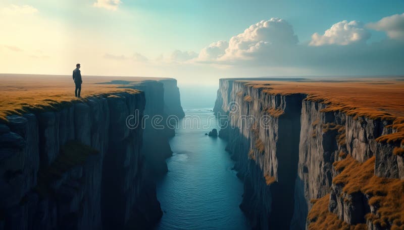 Man Stands on Cliff Edge. Deep Canyon Stretches between Two Cliffs ...