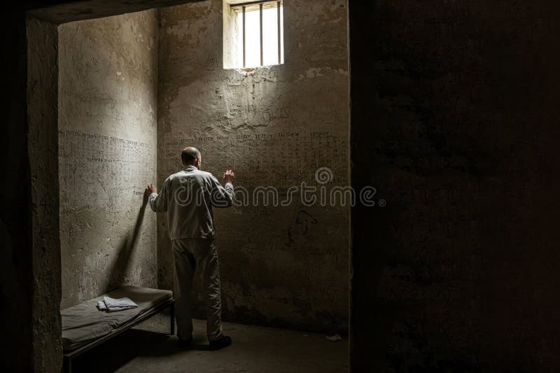 A Man Stands in a Dark Prison Cell in Front of the Bars. Stock Image ...