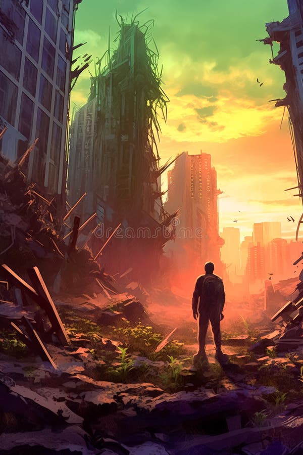 A Man Stands in a Desolate Cityscape with a Large Building in the ...