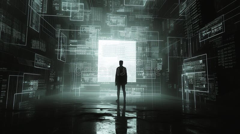 Man Standing in Dark Room with Data-Covered Walls Stock Illustration ...