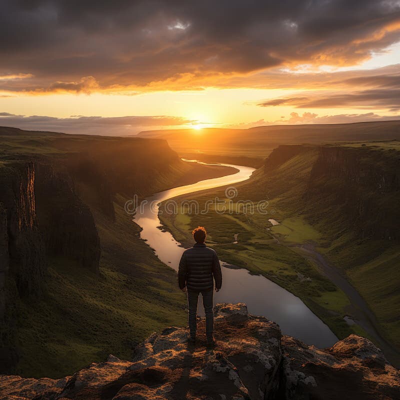 Man Stands on the Edge of a Cliff Overlooking a Valley with a River ...