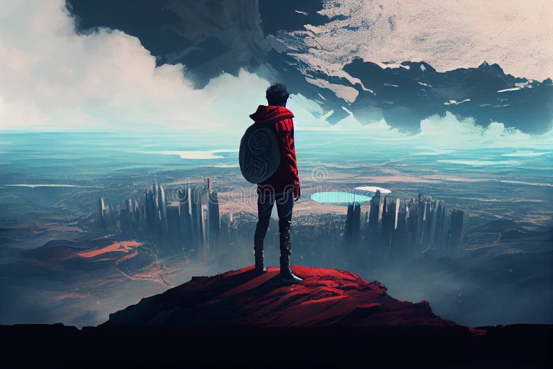 Man Stands on the Edge of the Earth, a View from Afar Stock ...