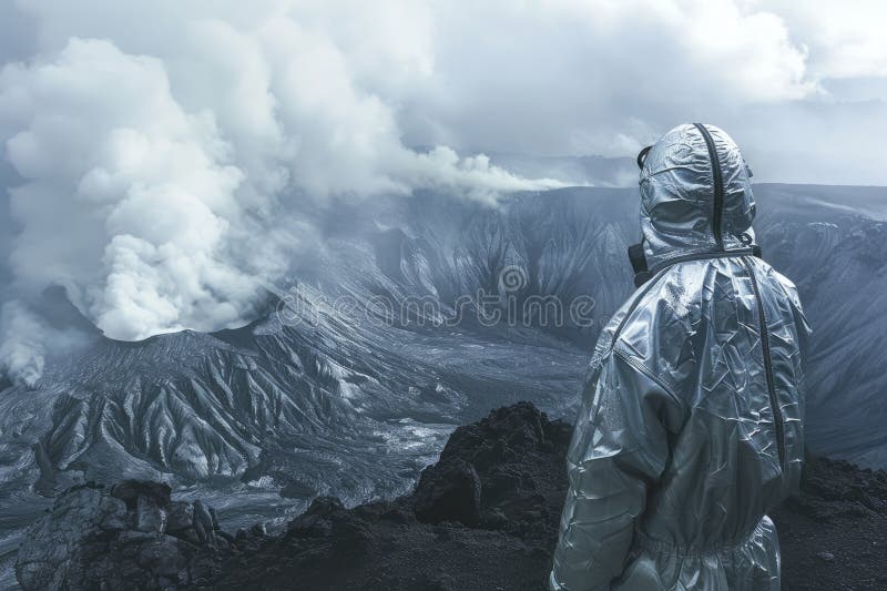 The Man Stands on the Edge of an Erupting Volcano Stock Illustration ...