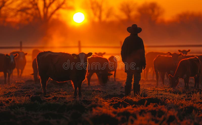 A Man Stands In A Field With Cows The Sun Is Setting Casting A Warm Glow Over The Scene Stock