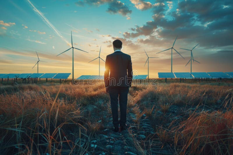 A Man Stands in a Field of Wind Turbines and Solar Cell Stock Photo ...
