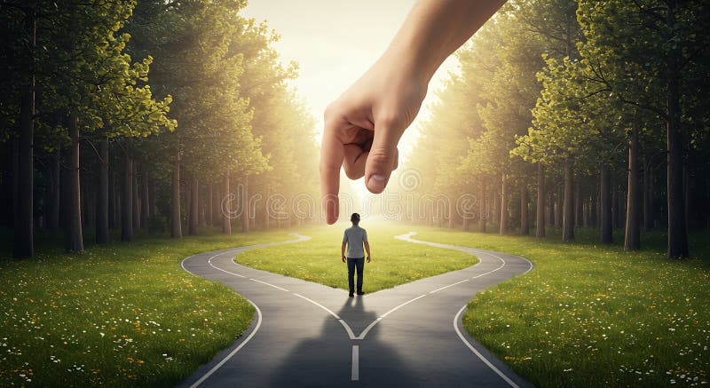 A Man Stands at a Fork in a Road, Surrounded by Lush Forest, Facing a ...