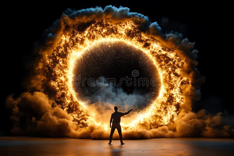 A Man Stands in Front of a Fiery Ring of Flames, a Dramatic and ...
