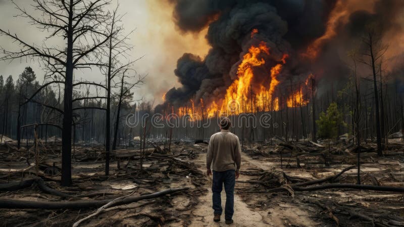 A Man Stands in Front of a Forest Fire, Looking at the Flames Stock ...