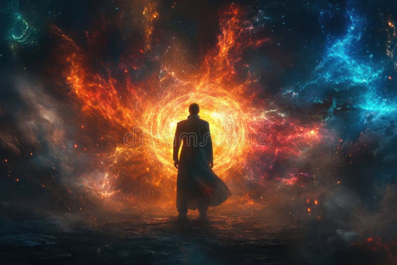 A Man Stands in Front of a Glowing Orb that is Surrounded by a Fiery ...