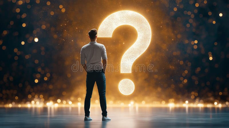 Man Stands in Front of Glowing Question Mark Symbolizing Curiosity and ...