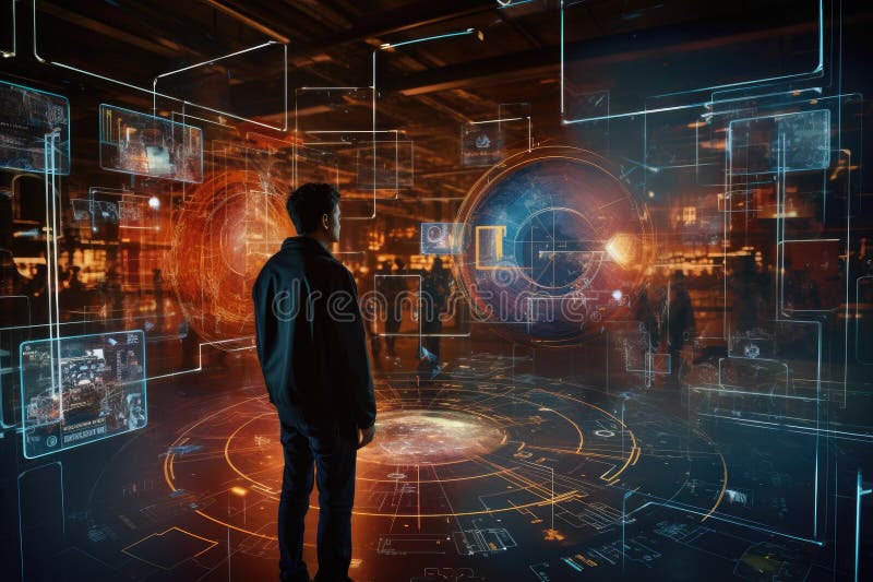 A Man Stands in Front of a High-tech Display Featuring Futuristic ...