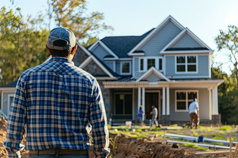 A Man Stands in Front of a House Being Built, Observing the ...