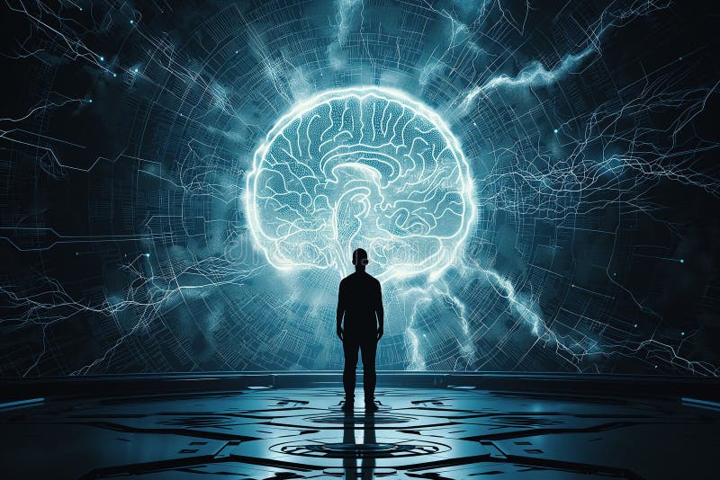 Man Stands in Front of a Huge Brain, Connect To Artificial ...