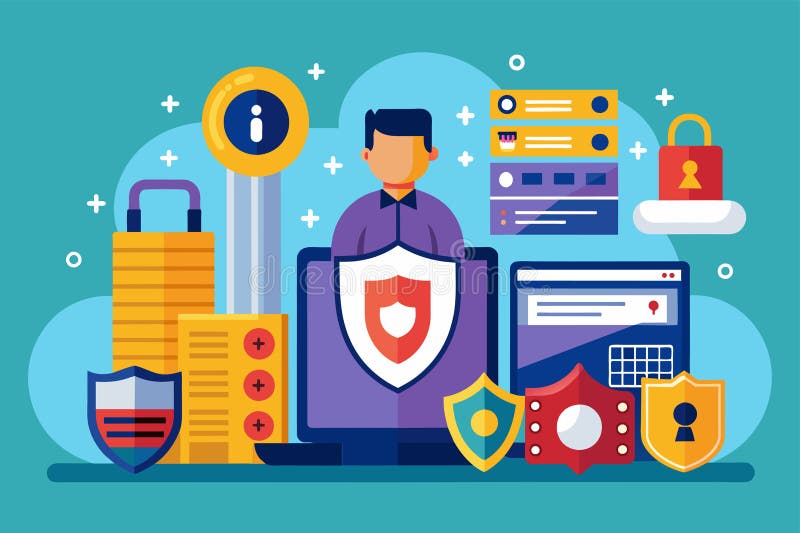 A Man Stands in Front of a Laptop, Encircled by Various Security Icons ...