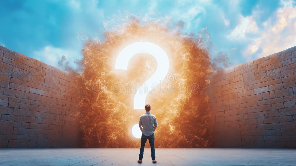 Man Stands in Front of Large Glowing Question Mark Surrounded by ...