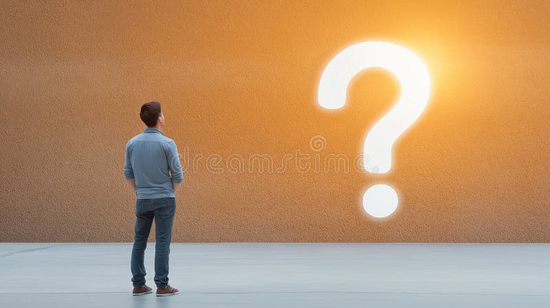 Man Stands in Front of Large Glowing Question Mark on Textured Wall ...