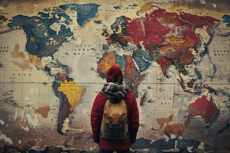 A Man Stands in Front of a Large World Map, Looking at it with Interest ...