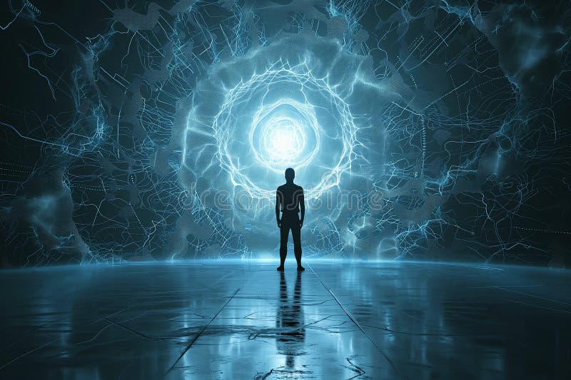 Man Stands in Front of a Light Tunnel To New Dimension, Corridor with ...