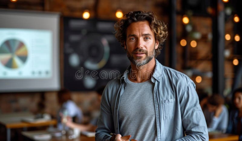Man Stands in Front of Projector Screen in Conference Room. Stock Photo ...