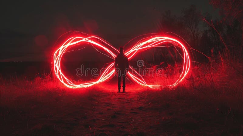 A Man Stands in Front of Red Infinity Neon Lights Symbol in Jungle ...