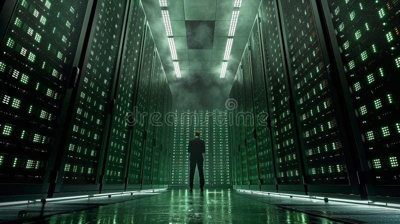 A Man Stands in Front of the Server Racks. Rear View. AI Generated ...