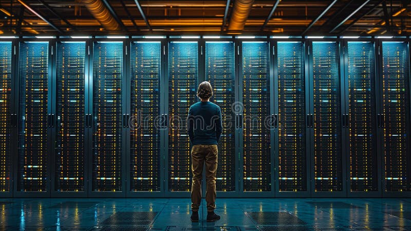 A Man Stands in Front of the Server Racks. Rear View. AI Generated ...