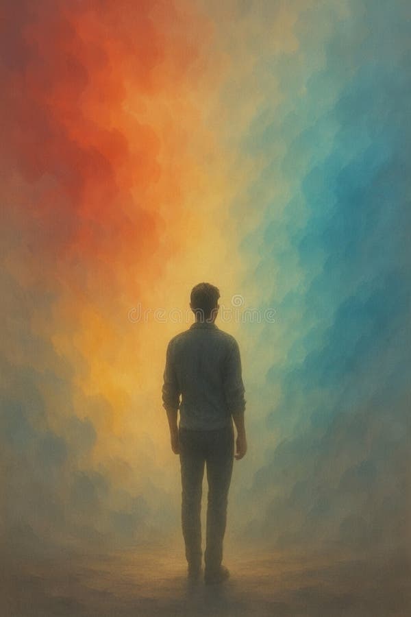 A Man Stands in Front of a Vibrant Color Gradient, Symbolizing a Journey into Imagination ...