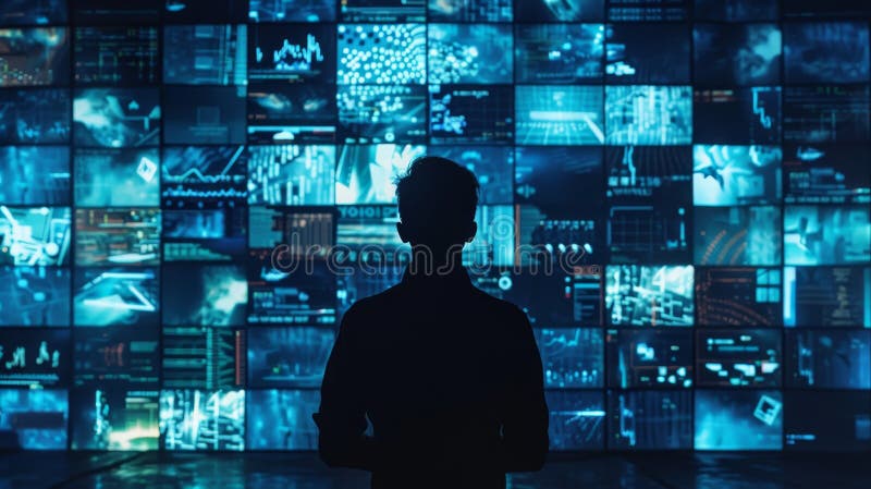 A Man Stands in Front of a Wall of Computer Monitors Stock Illustration ...
