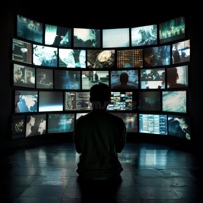 A Man Stands in Front of a Wall of Computer Monitors Stock Illustration ...