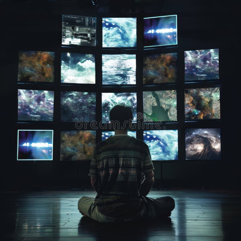 A Man Stands in Front of a Wall of Computer Monitors Stock Illustration ...