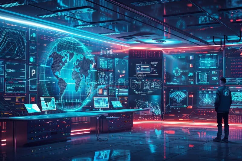A Man Stands in a Futuristic Computer Room Filled with Advanced ...