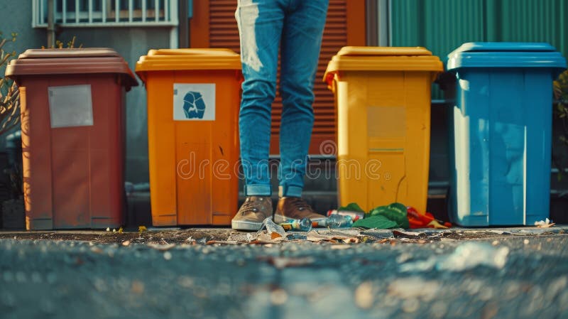 Man Stands between Garbage Containers. Sorting Garbage. Recycling ...