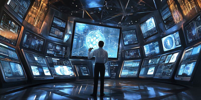 Man Interacting with Large Screen in Control Room with Multiple ...