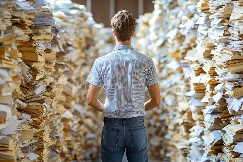 Man Standing Amidst Towering Stacks of Paper Documents in Archive Stock ...