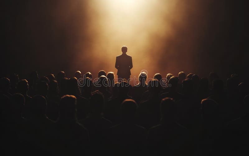 A Man Stands Illuminated on Stage Facing a Captivated Audience, Casting ...