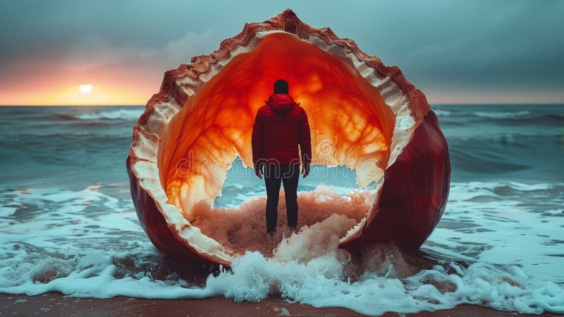 Man Stands Inside a Giant Glowing Seashell on the Beach, Waves Crashing ...