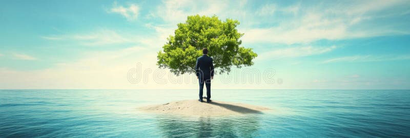 Man Stands on Island with Tree, Contemplates Future with Isolation ...