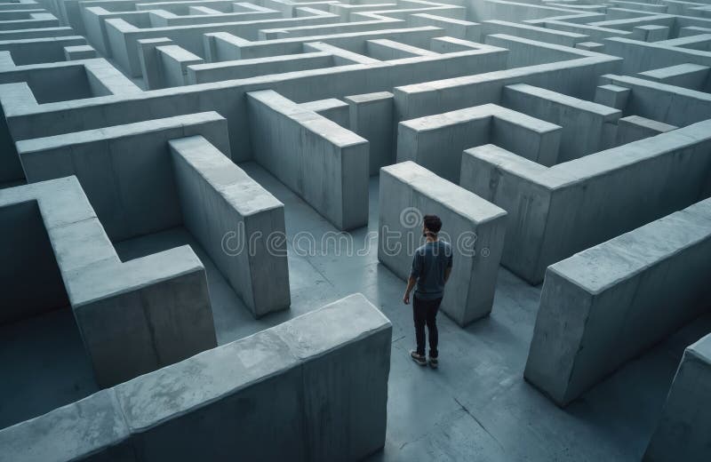 Man Stands in Labyrinth, Seeks Solution. Illustration Concept of Path ...