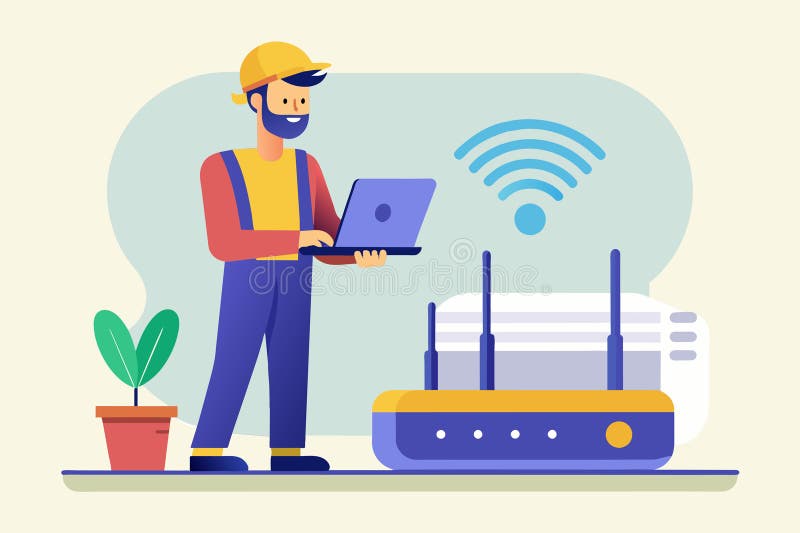A Man Stands by a Laptop in Front of a Router, Checking the Wifi ...