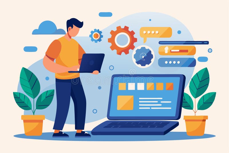 A Man Stands with a Laptop, Watching the Loading Process in a Bright ...