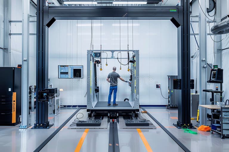 A Man Stands in a Large Machine Room, Examining a Prototype, an ...