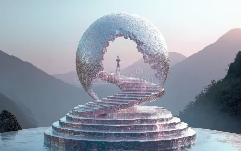 A Man Stands on a Large Round Sculpture Placed in the Water. Stock ...