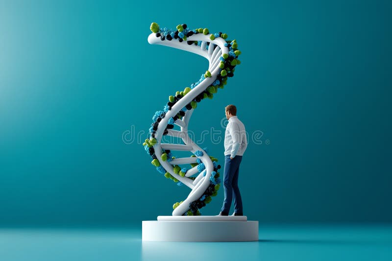 A Man Stands before a Large, Spiraling DNA Structure, Symbolizing the ...