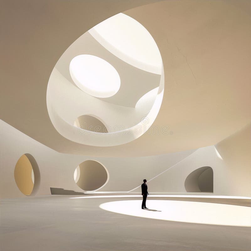 A Man Stands in a Large White Room with Circular Shapes Stock Image ...