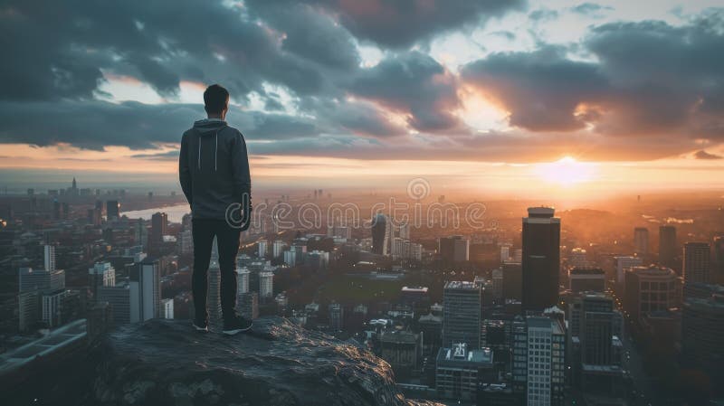 A Man Stands on a Ledge Overlooking a City at Sunset Stock Photo ...