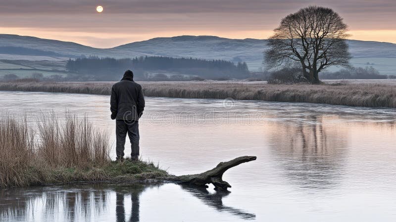 A Man Stands on a Log in Front of a Body of Water Stock Photo - Image ...