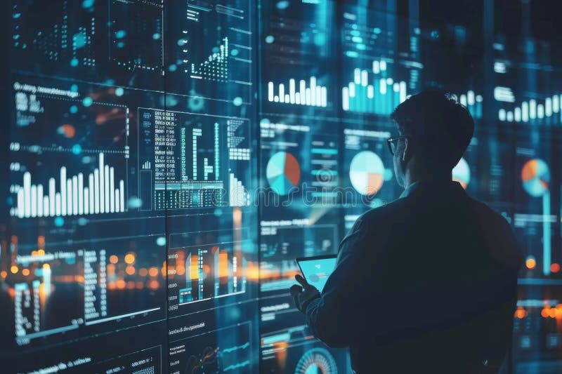 A Man Stands before a Massive Array of Glowing Data Displays, Analyzing Real-time Statistics and ...